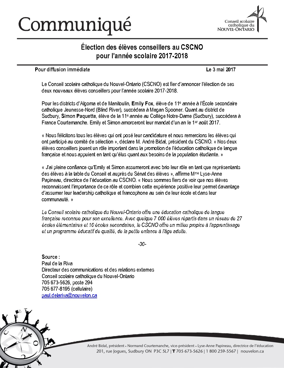 Élection des élèves conseillers au CSCNO pour l’année scolaire 2017 ...